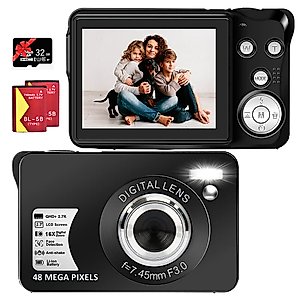 2.7K Digital Camera,HD Compact Camera 16X Digital Zoom with 32GB SD Card and 2 Batteries (Black)