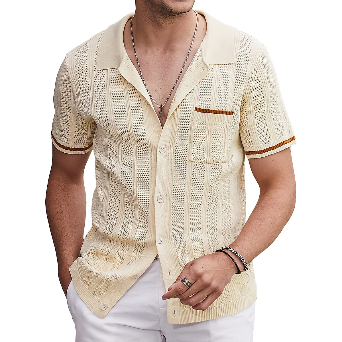 COOFANDY Beach Button Up Shirts for Men Knitted Collar Short Sleeve Polo Shirt Summer Vacation Cream