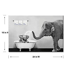 Piy Painting Elephant Bathroom Decor Wall Art, Funny Canvas Prints of Mother and Child Playing Water in Bath Crock, Warm Bathtub Picture with Keep Clean, Keep Happy, Keep Love Words Motivating Kids.
