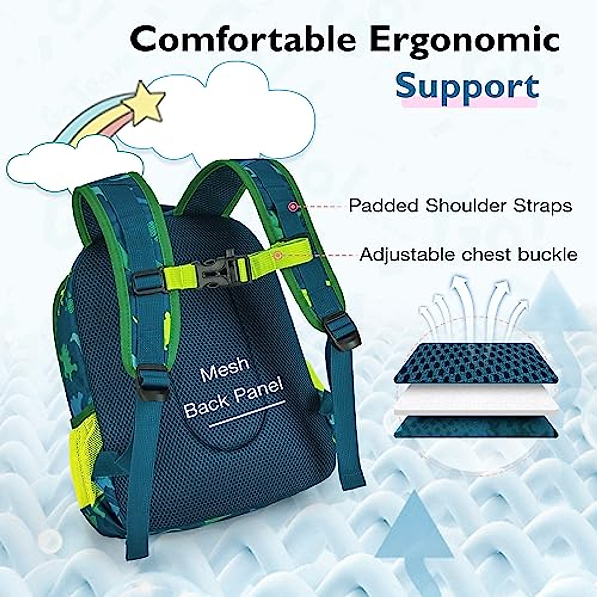 mommore Small Backpack for Kids, Dinosaur Toddler Boys Backpack Kindergarten Bookbag for Students Preschool Backpack for Children with Chest Strap Water Resistant, green