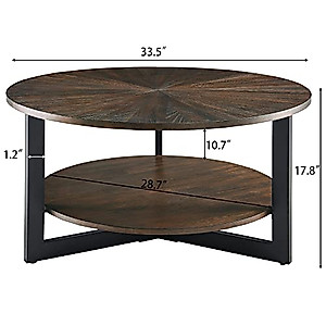 LEEMTORIG 33.5" Round Coffee Table with Storage, Farmhouse Coffee Table for Living Room, Solid Wood Circle Center Table, Rustic Brown Wood Tabletop & Metal Frame, KFZ-1338-NC