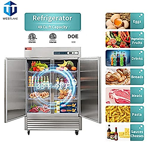 WESTLAKE 54" W Commercial Refrigerator 2 door 2 Section Stainless Steel Reach in Solid door Upright Fan Cooling 49 Cu.ft Cooler for Restuarant, Bar, Shop, etc