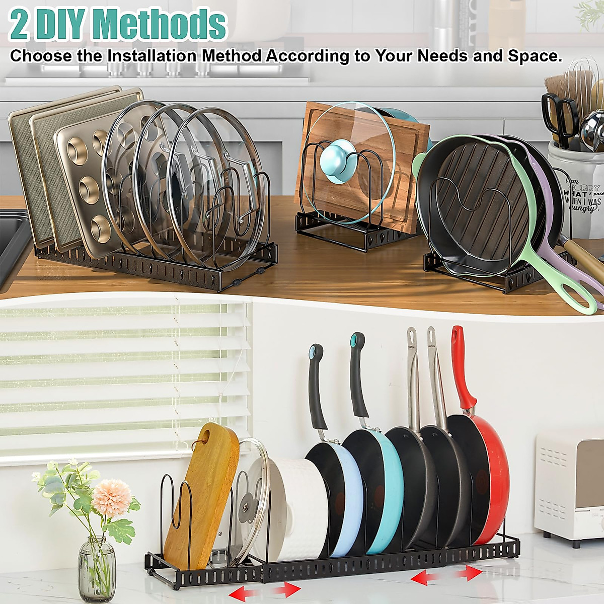 X-cosrack 15 Dividers Pot Pan Lid Rack Bakeware Cupboard Organizer, Expandable, Black