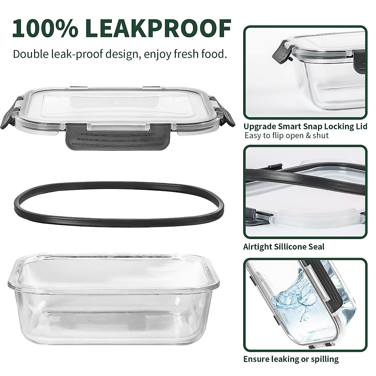 CEKEE Glass Meal Prep Containers with Lids, 5 Pack 36 OZ Glass Food Storage Containers, Airtight Glass Lunch Containers Set, Salad Container for Microwave, Oven, Freezer & Dishwasher Safe