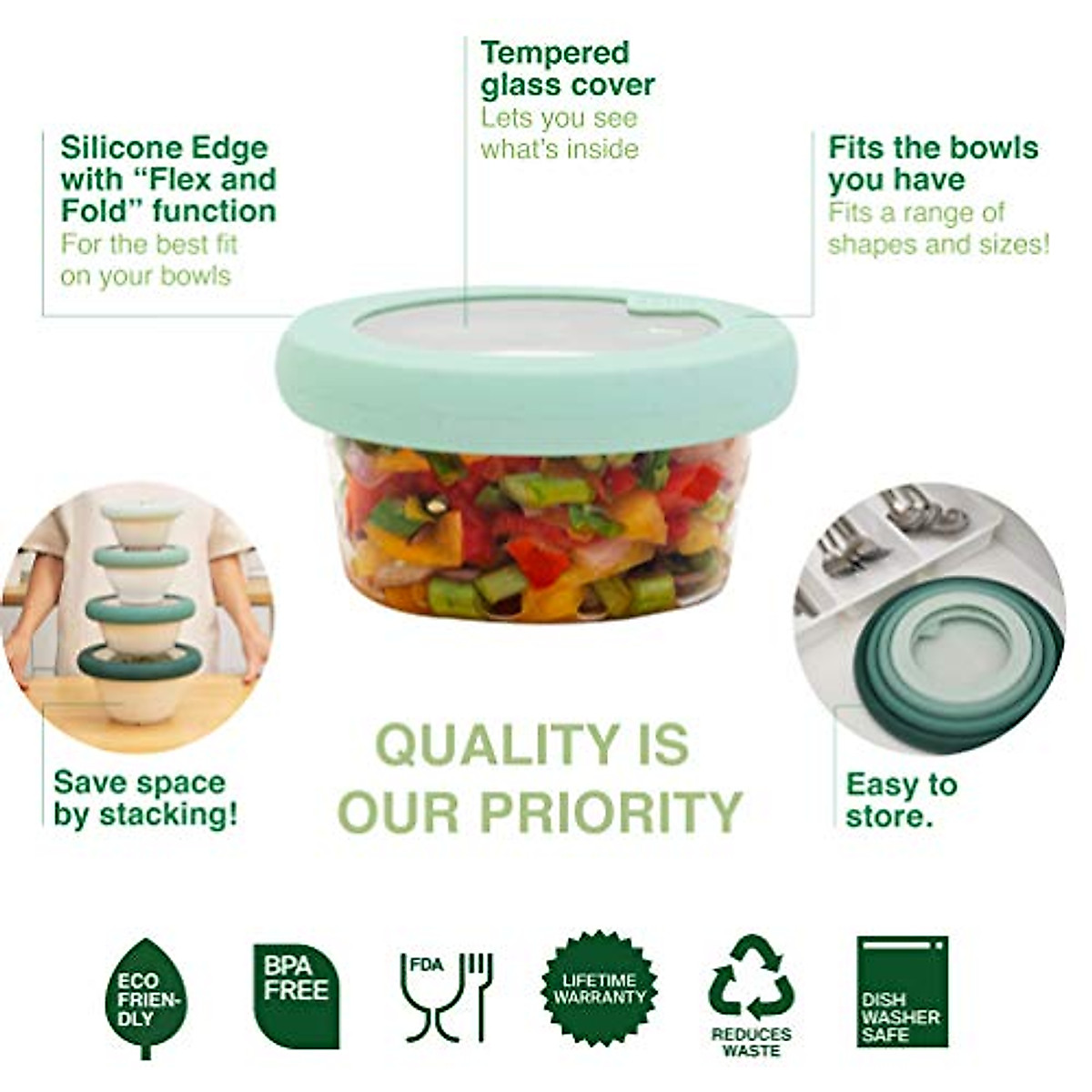 Food Huggers Replacement Lids for Glass Storage Containers | Silicone & Glass Lids that Don’t Crack | Fits Round Container Brands & Bowls | 100% Plastic Free | 3 Lid Set (XS,S,M), Gradual Green