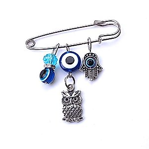 MyEvilEye Blue and Silver Color Evil Eye Hamsa Stroller Pin with Owl for Baby Good Luck