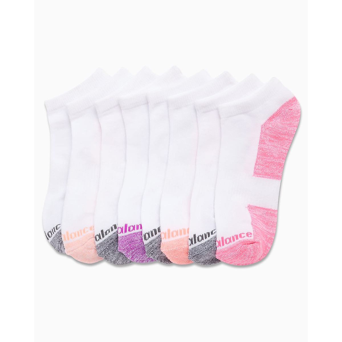 New Balance Girls' Athletic Low Cut Socks with Reinforced Heel and Toe (8 Pack), Size Medium, White Assorted