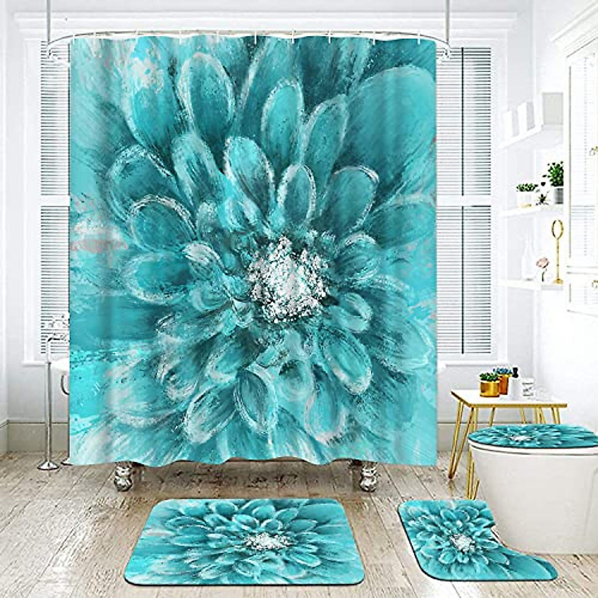 DuoBaorom 4 Pieces Set Dahlia Flower Shower Curtain Set Teal Bath Floral Picture Art on Non-Slip Rugs Toilet Lid Cover Bath Mat and Bathroom Curtain with 12 Hooks 72x72inch