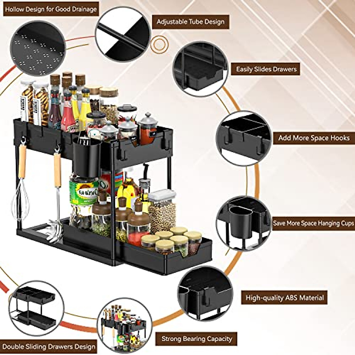 GAOLINE 2 Pack 2 Tier Under Sink Organizers and Storage with 8 Hooks, 4 Long Bulkheads, 4 Short Bulkheads & 2 Hanging Cups, Double Sliding Drawers Cabinet Basket Organizer, Up to 15 inches High, Black