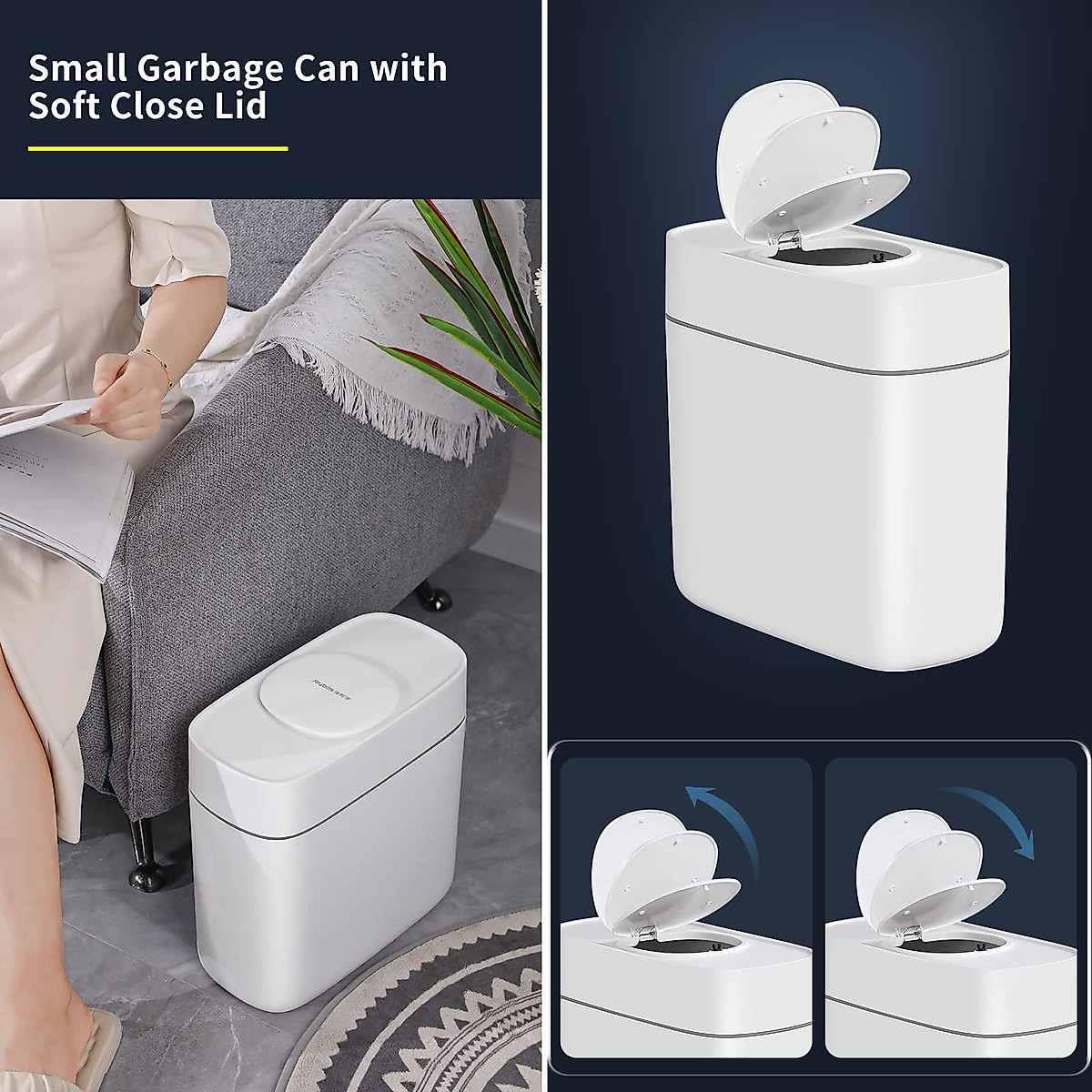 JOYBOS Small Bathroom Trash Can with Lids, 3 Gallon Garbage Can with a Lid, Mini Wastebasket for Bedroom, Slim Plastic Waste Bin Between Wall & Toilet, Suit for RV, Living Room, Office, Laundry