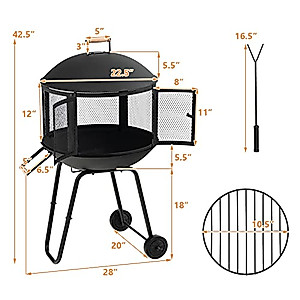 Tangkula Portable Fire Pit with Wheels, 28 Inch Wood Burning Fire Pit with Log Grate, Poker, Rolling Patio Fireplace Wooden Bonfire Firepit for Outdoor Entertaining Black