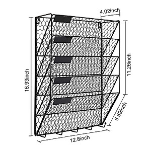 PAG 5 Tier Wall File Holder Hanging Mail Organizer Metal Chicken Wire Wall Mount Magazine Rack with hooks for Home and Office, Black