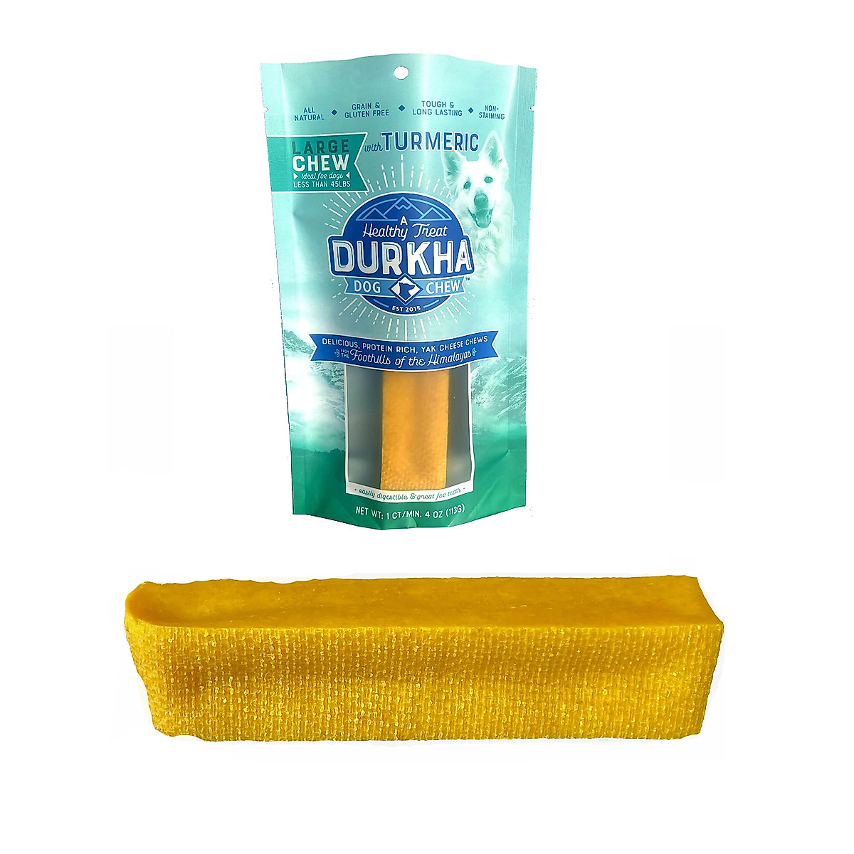 Durkha Himalayan Cheese Chews for Dogs with Turmeric | Natural Long Lasting Cheese Treats| Great for Aggressive Chewers | Does Not Stain Carpets or Furniture. (1 Pack, Large (1CT/Min.4OZ))
