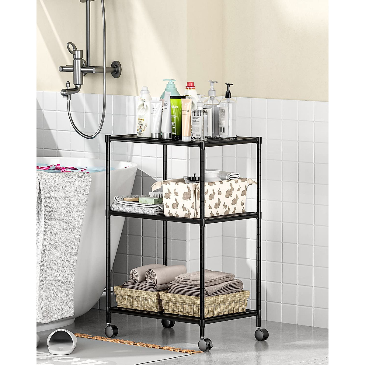 OVICAR 3-Tier Wire Storage Shelves, Adjustable Shelving Units with Wheels, Steel Metal Storage Rack for Kitchen Pantry Closet Bathroom Laundry, Durable Organizer Garage Tool Storage Shelf