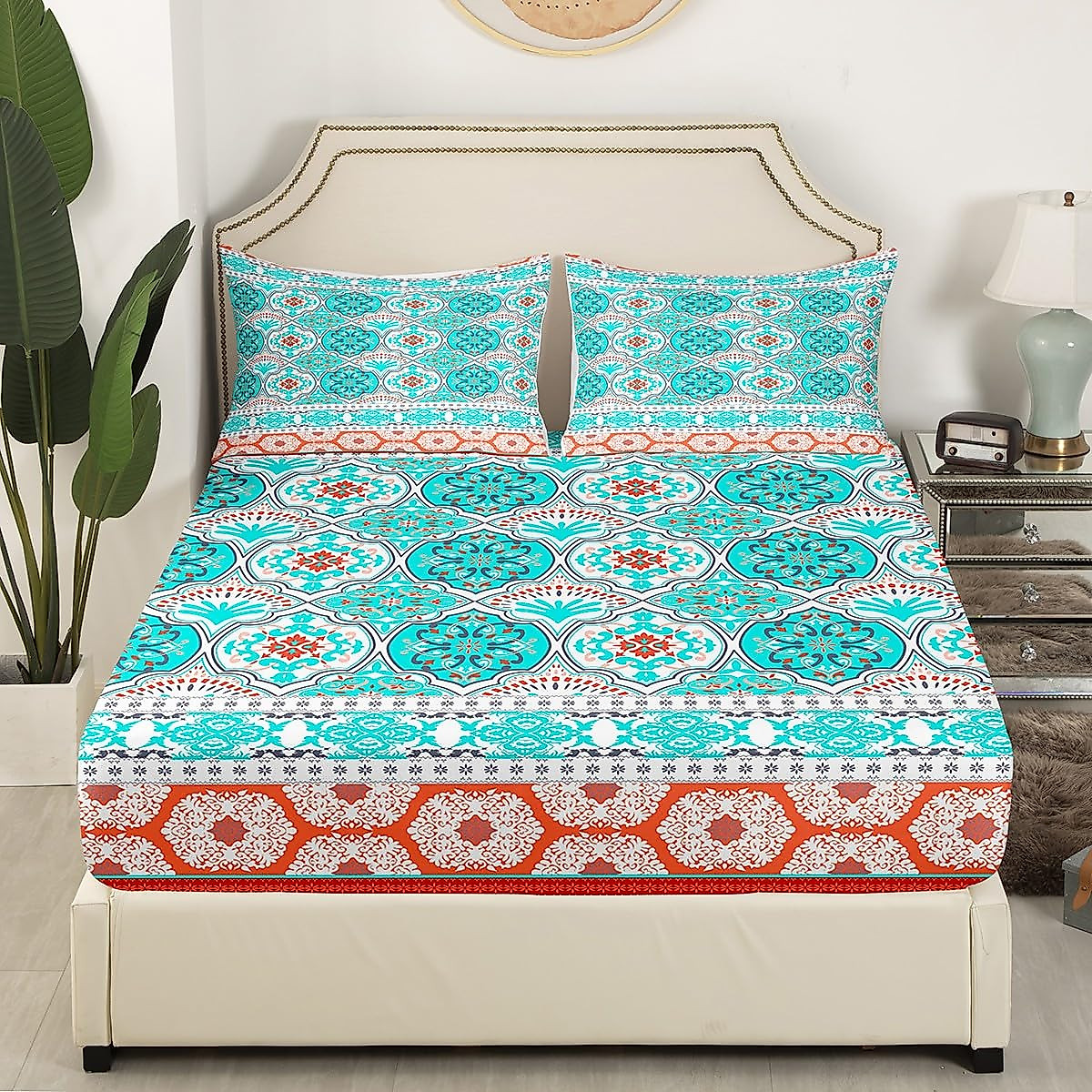 Feelyou Aqua Bed Sheet Set Lattice Boho Sheets Set Queen Size for Girls Women Teens College Bohemian Bedding Set Exotic Floral Tribal Bed Sheets with Deep Pocket Fitted Sheet Room Decor Bed Set
