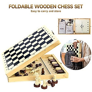 BremToy 4 in 1 Chess Sets-Wooden Chess & Checkers Set, Sling Puck and Nine Men's Morris Board Games for Kids Adult, Foldable & Portable Chess Board Set for Travel (12x12inch)