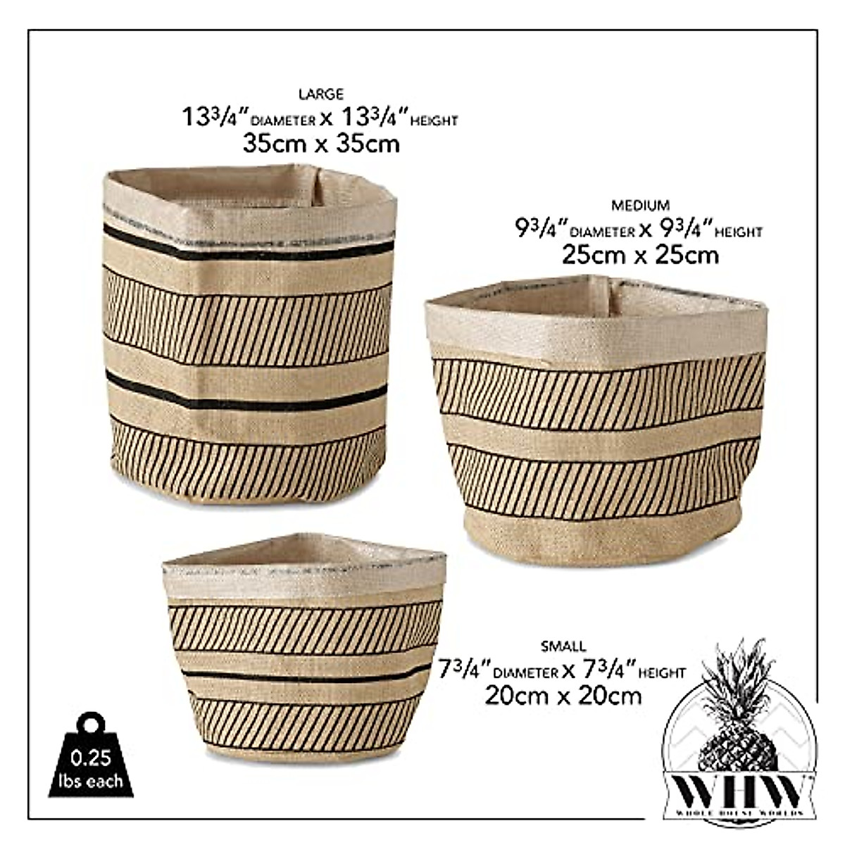 Geometric Striped Linen Plant Baskets, Set of 3, Beige and Black, Floor and Shelf Organizers, Durable Burlap Weave, Collapsible, Stitched, 13.75, 9.75 and 7.75 Inches