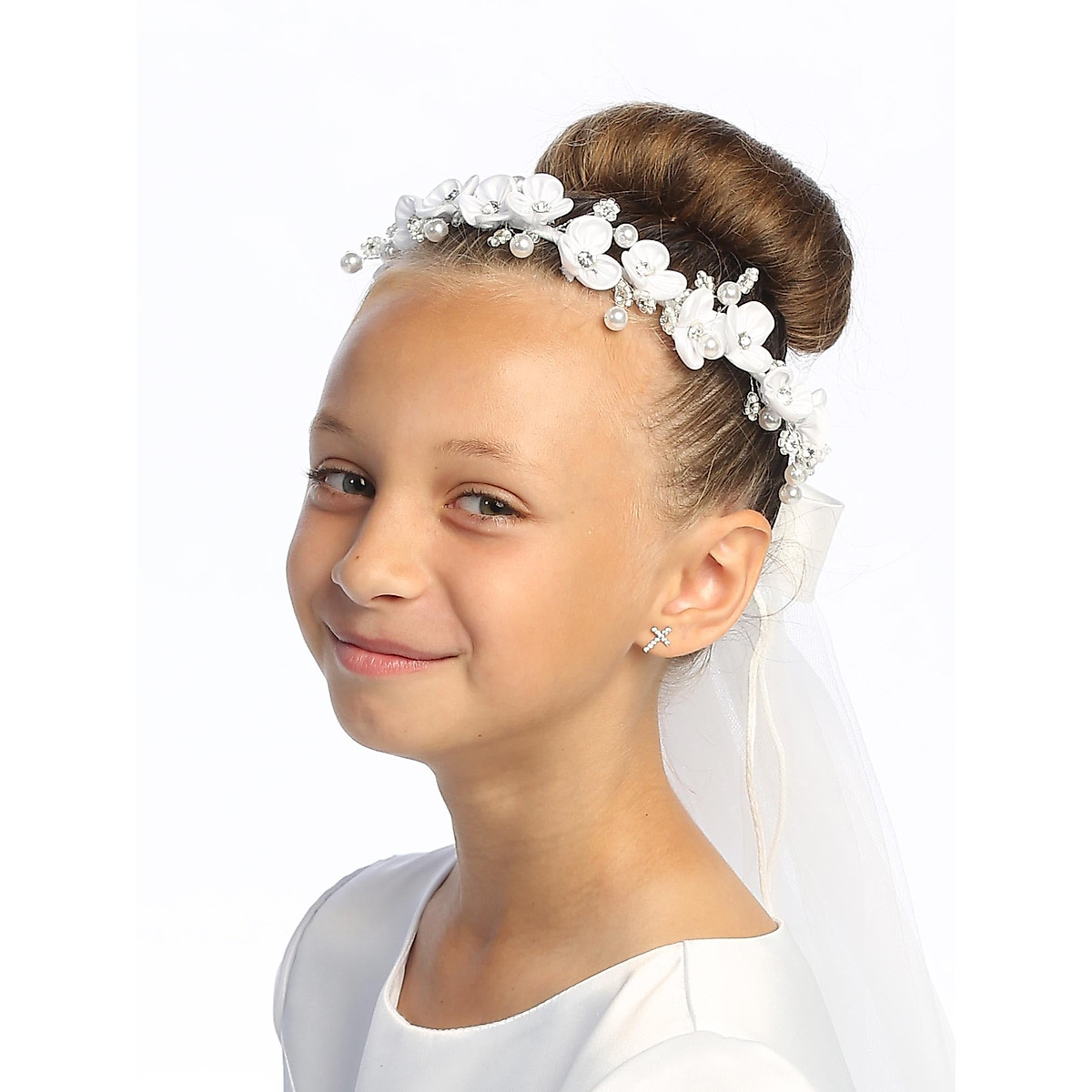 SWEA Pea & Lilli Girls First Communion Veil - White Holy 1st Communion Headpiece with Comb and Flowers
