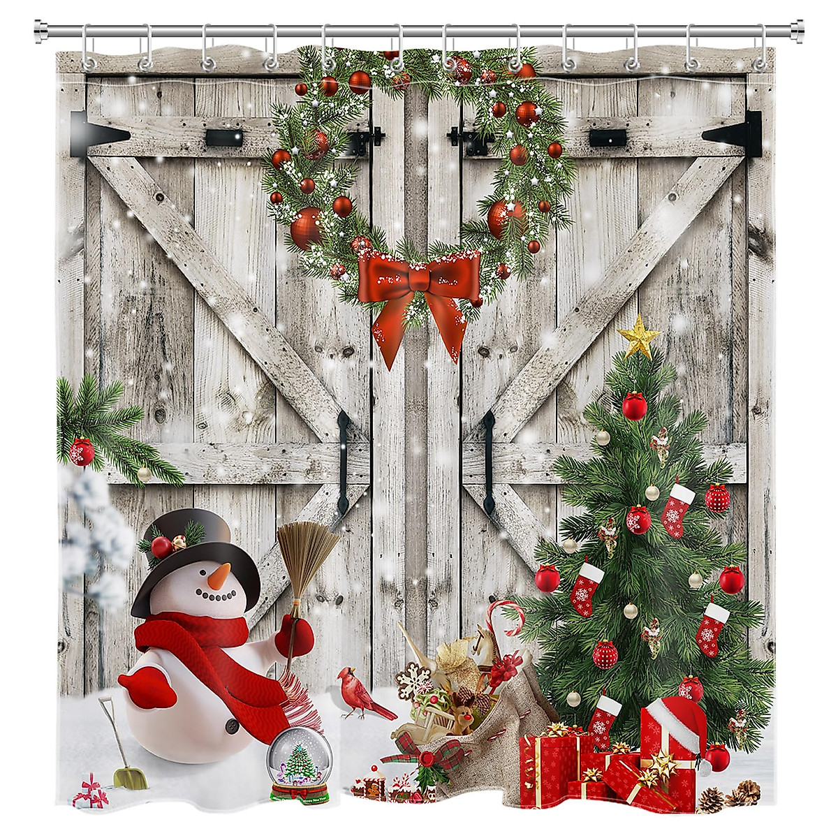 MEUNEAR Farmhouse Christmas Shower Curtain Set Snowman and Pine Tree with Red Xmas Ball Cardinals on Barn Door Shower Curtain for Bathroom, Winter Snowflake Shower Curtain with Hooks, 72L X 72W inches