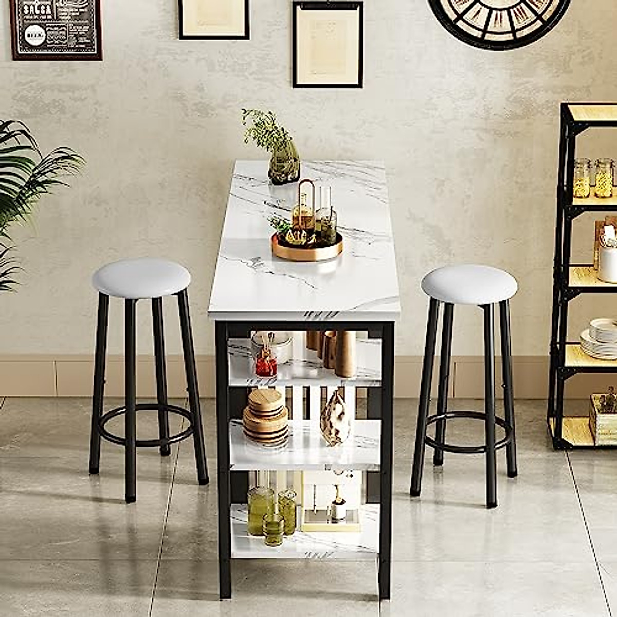 Lamerge Kitchen Counter Height Table and Stools Set for 2, 4-Tier Compact Dining Table, White Faux Marble Top and 2 PU Leather Upholstered Seats, Modern Dining Room Furniture for Home/Studio/Office