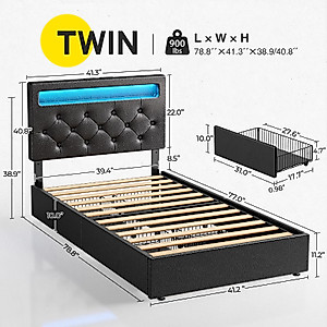 Rolanstar Twin Size Bed Frame with Charging Station and LED Lights, Upholstered PU Leather Bed with Adjustable Headboard and 4 Storage Drawers, No Box Spring Needed, Easy Assembly, Black