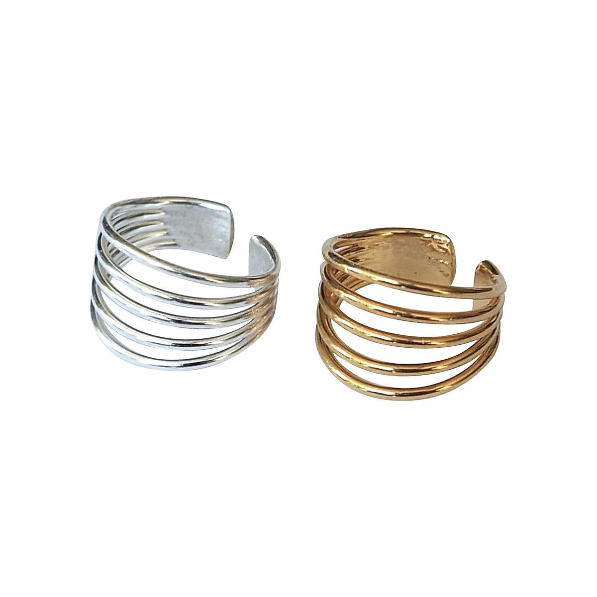 Handmade Silver 2Pcs Tiny Multi Band Thin Ear Cuffs Non-Piercing Huggie Earrings, 1xSterling Silver 1xGold Plated, Dainty Fake Cartilage Helix Non-Pierced Ear Wrap Clip on for Women, By Miya Jewelry