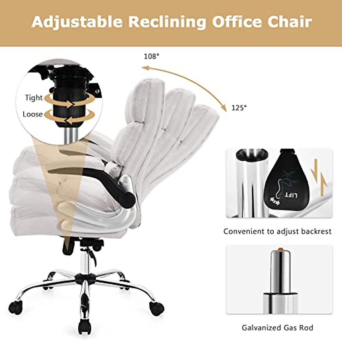 Giantex Executive Office Chair, Big and Tall Ergonomic Computer Chair, Adjustable Tilt Angle and Flip-up Armrest Linen Fabric Upholstered Chair with Thick Padding, High Back Managerial Chair (Beige)