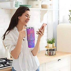 Bright Neon Leopard Tumbler with Handle and Straw Lid, Holographic Gradient 30 oz Insulated Coffee Cup Stainless Steel Water Bottle Travel Mug Cupholder Friendly,Gifts for Women Men