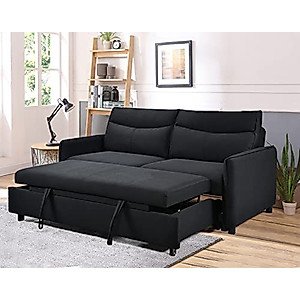 ERYE 3-in-1 Tufted Futon Loveseat Convertible Sleeper Bed W/Pull Out Sleep Daybed, Functional Reclining Backrest Love Seat Sofa & Couch for Living Room Sofabed, Queen, Black W/ 2 Pillows