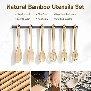 Mooues 6 Piece Wooden Spoons for Cooking Set Bamboo Kitchen Utensils Set Smooth Surface Non-Stick Cooking Utensils Set Comfortable Grip Wooden Utensils for Cooking, Housewarming Holiday Gift