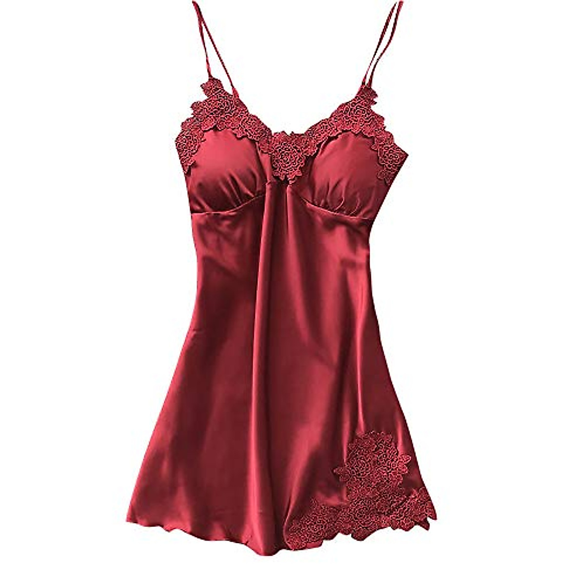 Aniywn Sexy Sleepwear Women's Spaghetti Strap Lace Trim Satin Full Slip Dress Lingerie Chemise Nightgowns Babydoll Dress Wine