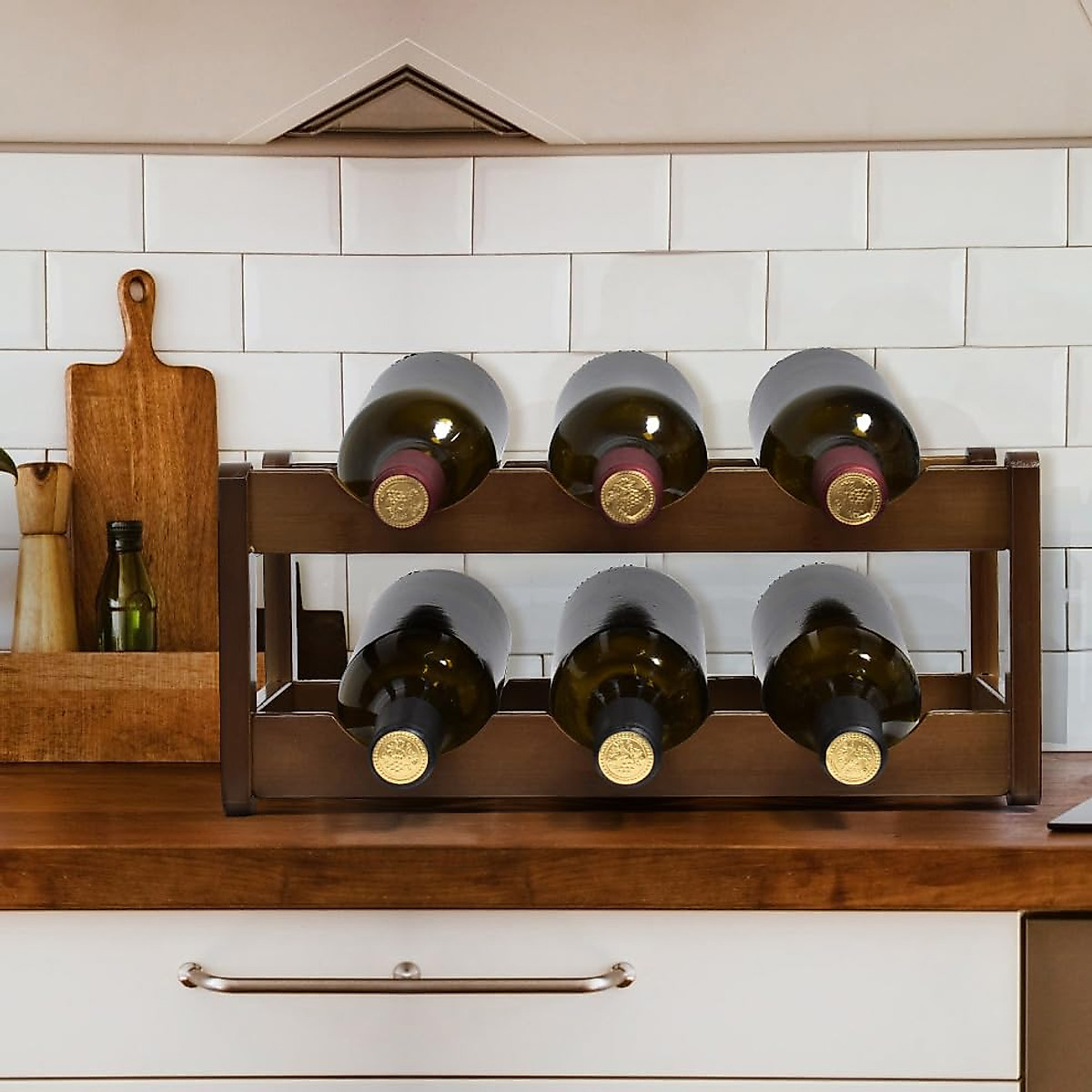 MYITYARD Wine Rack, 2-Tier 6 Bottles Bamboo Wine Cabinet for Countertop, Free Standing Wine Bottle Storage Holder for Home Kitchen Bar Table Top Cellar Basement Pantry, Brown