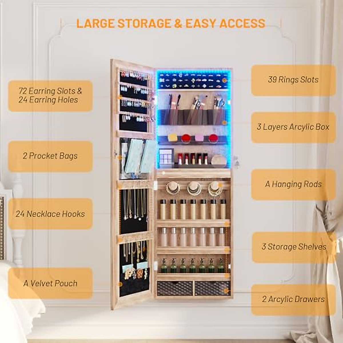 LVSOMT Wall Mount Mirror Jewelry Cabinet with LED Lights, Hanging/Over the Door Jewelry Organizer, Lockable Jewelry Armoire Mirror, Full Length Mirror with Jewelry Storage, Brown