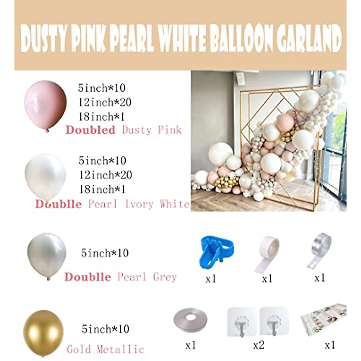 Berichest Double-Stuffed Dusty Pink and Pearl Ivory White Balloon Garland Arch Kit, Metallic Golden Balloons for Baby Shower Birthday Bridal Engagement Anniversary Party Backdrop Decoration