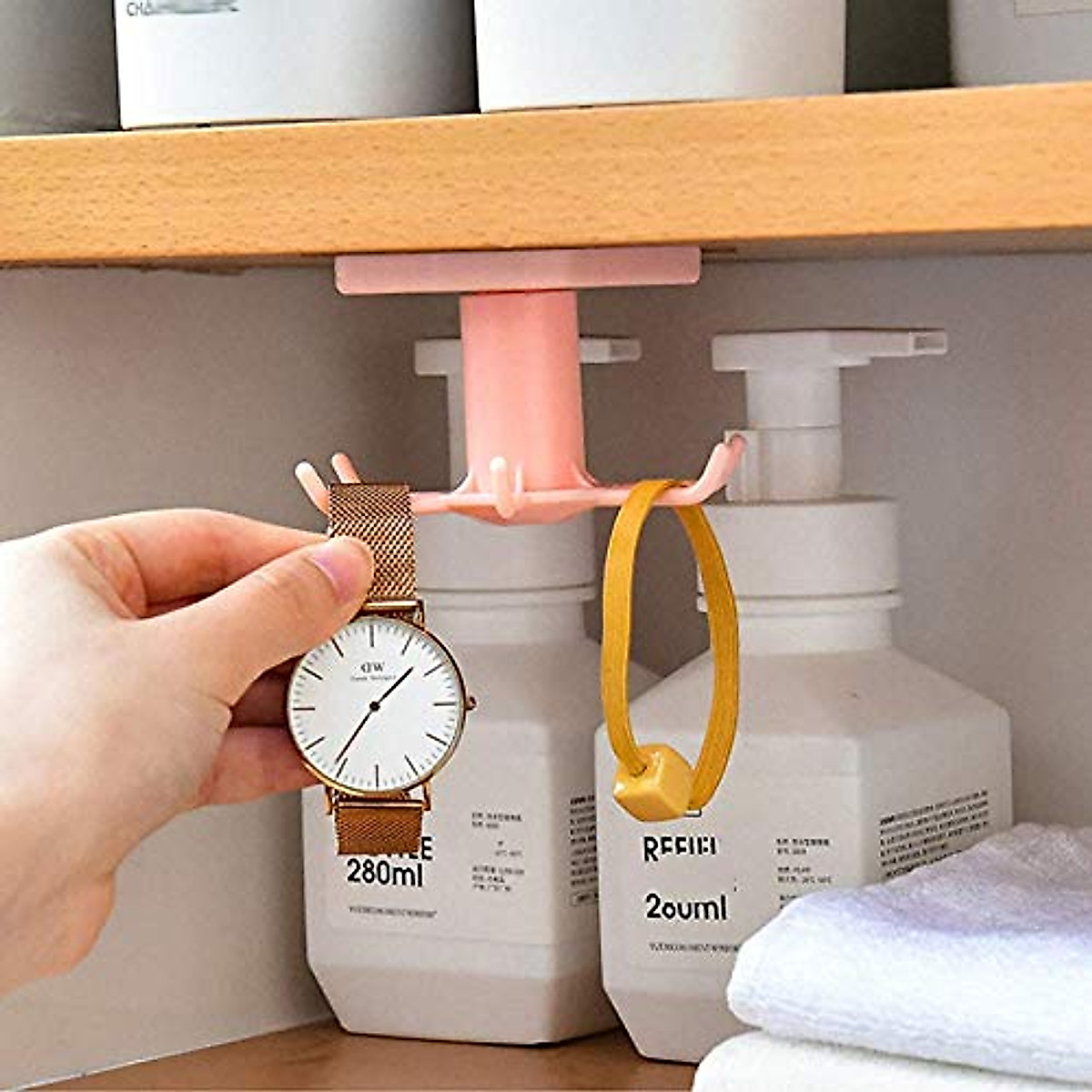 SHBaizoy 2pcs Under Cabinet Hooks, 360 °Rotation Kitchen Hooks for Utensils,Nail Free Adhesive Kitchen Utensils Hanging Hooks for Kitchen Utensils/Tools/Towel/Knife(Black)