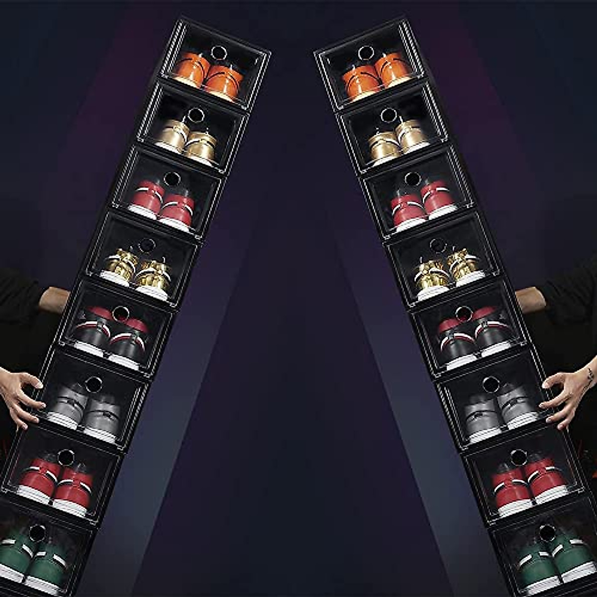 MUKIRAN HOME 12 Pack Shoe Storage Boxes, Shoe Box Clear Plastic Stackable, Drawer Type Front Opening Shoe Holder Containers (Black)