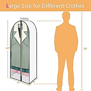 fitermoe 60" Garment Bags For Hanging Clothes, 8" Gusseted Garment Bags For Travel, Clear Suit Bags For Closet Storage Overcoat, Long Dress, Gowns, 3-Pack