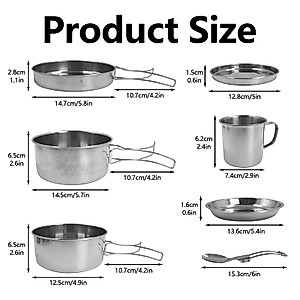 10Pcs Stainless Steel Camping Cookware Mess Kit, Camping Cook Pot with Folding Handle, Backpacking Mess Kit, Hiking Camping Cooking Set with Cups, Pots, Dishes, Spoons, Pans