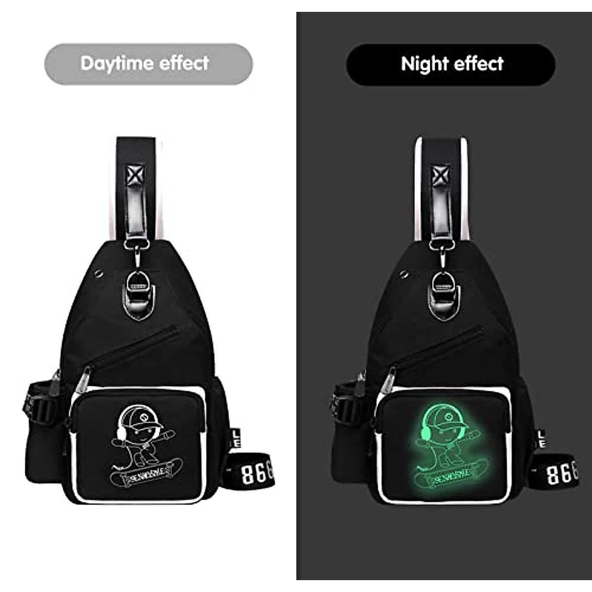 MCWTH Sling Bag for Teen Boys, Luminous Chest Pack Waterproof Travel Shoulder Backpack (Skateboard Boy)