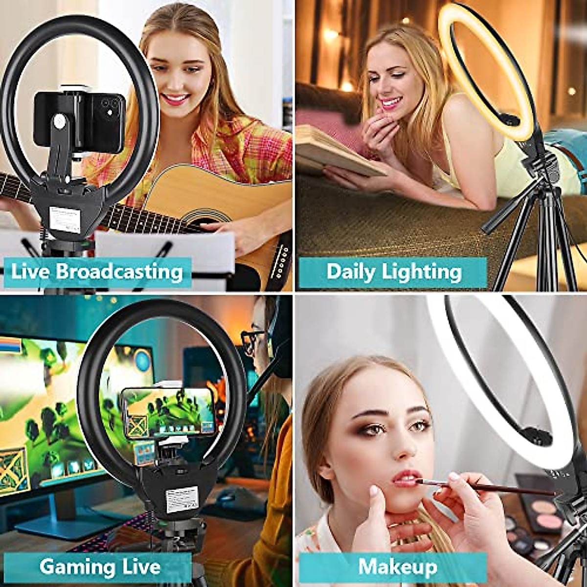 Sensyne 10'' Ring Light with 50'' Extendable Tripod Stand, LED Circle Lights with Phone Holder for Live Stream/Makeup/YouTube Video/TikTok, Compatible with All Phones