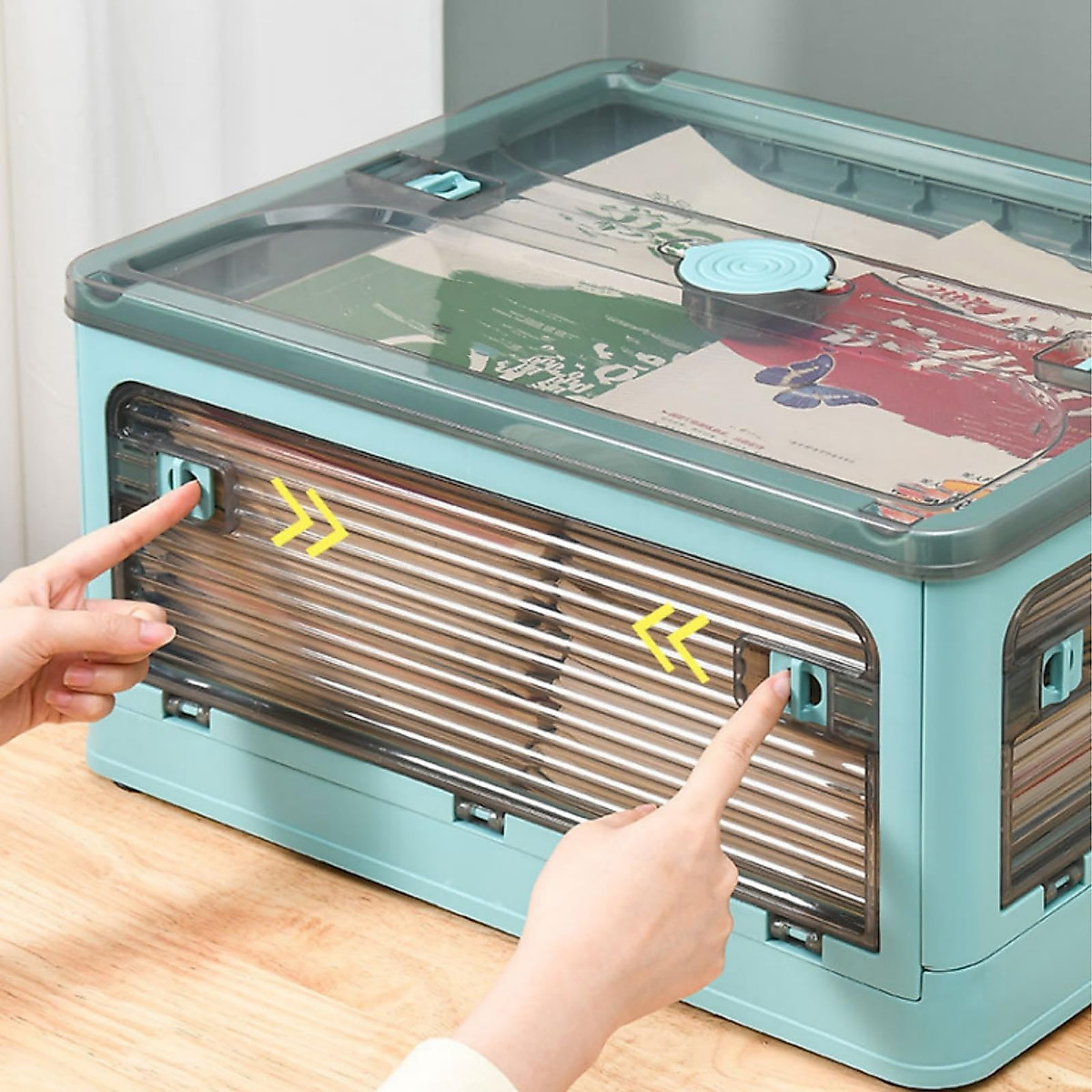 Acshio 2 Pack Collapsible Storage Bin with Lid, Plastic Stackable Storage Container with Wheel 4 Doors, 8.2 Gallon Multifunctional Folding Closet Organizer and Storage Crate for Living Room Dorm Rooms