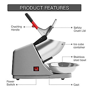 Reespring Shaved Ice Machine Ice Crusher Snow Cone Machine with Stainless Steel Blade Kitchen Electric for Shaved Ice and Snow Cone (300W 2000r/min) ;Also comes with a complinentary Ice Pick