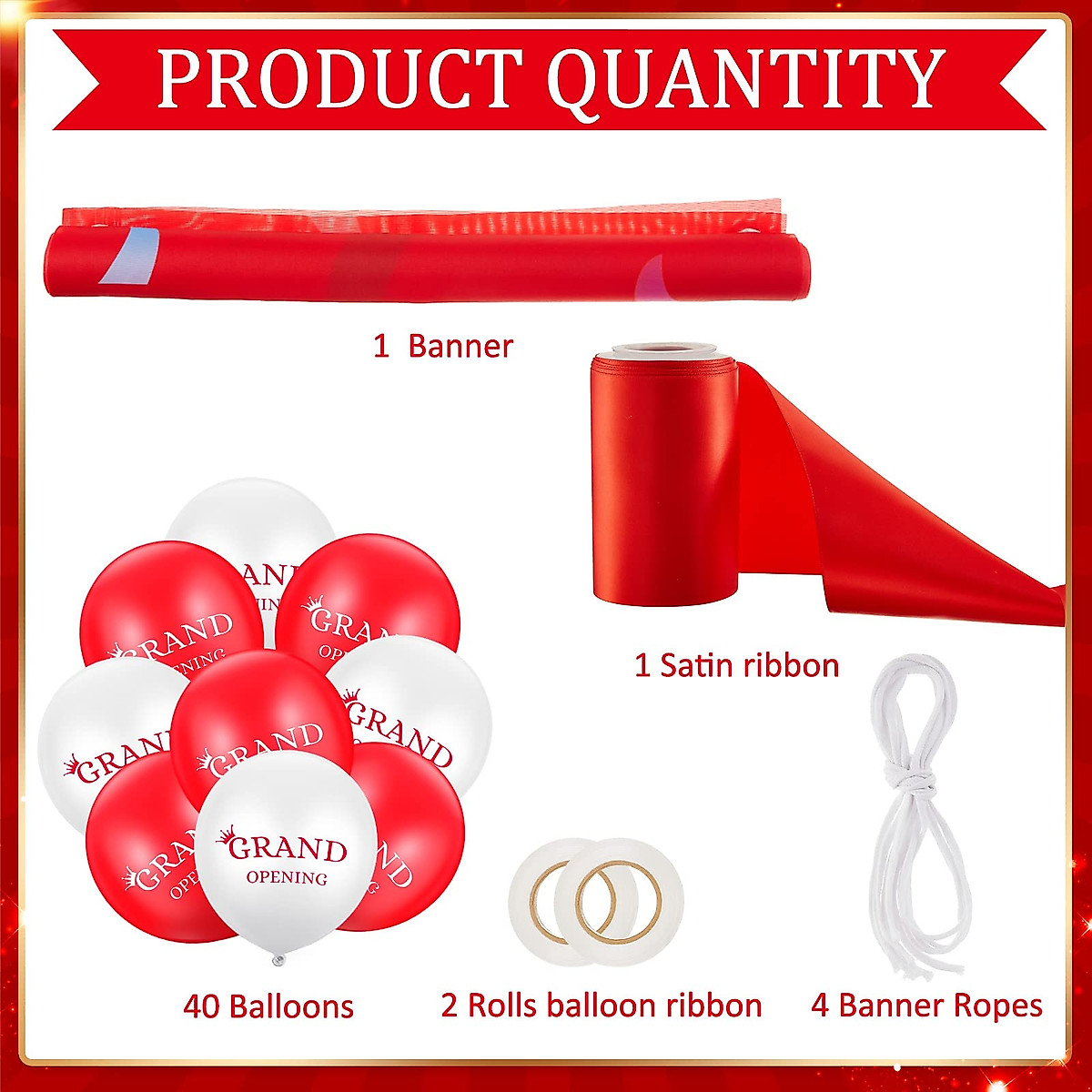 42 Pieces Grand Opening Decorations Kit Includes 1.5 x 9.8 ft Grand Opening Banner 40 Balloons and Satin Ribbon for Events Inaugurations Ceremonies (Red, White)