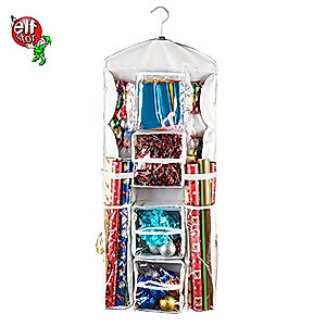 Wrapping Paper Storage Organizer- Dual Sided Hanging Gift Wrap Station- Clear Compartments for 30” Rolls, Ribbon, Bows, Gift Bags & More by Elf Stor