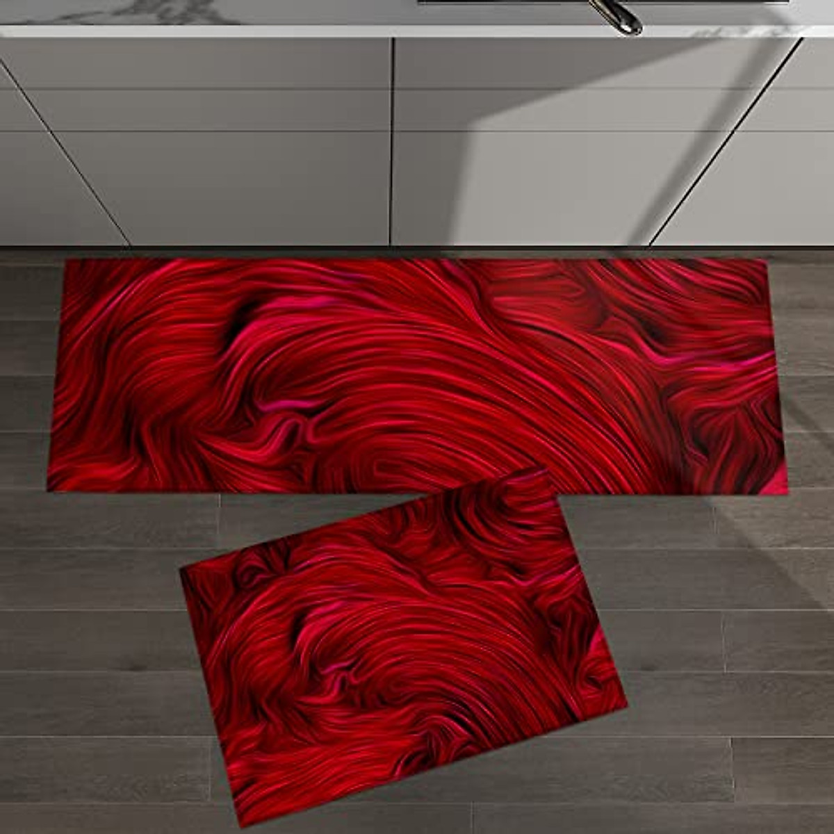 Abstract Art Kitchen Mats 2 PCS Anti-Fatigue Kitchen Rugs, Non Slip Kitchen Rugs and Mats Cushioned Standing Desk Mat Floor Mats for Home,Sink,Office,Kitchen, Red Liquid Artistic Texture