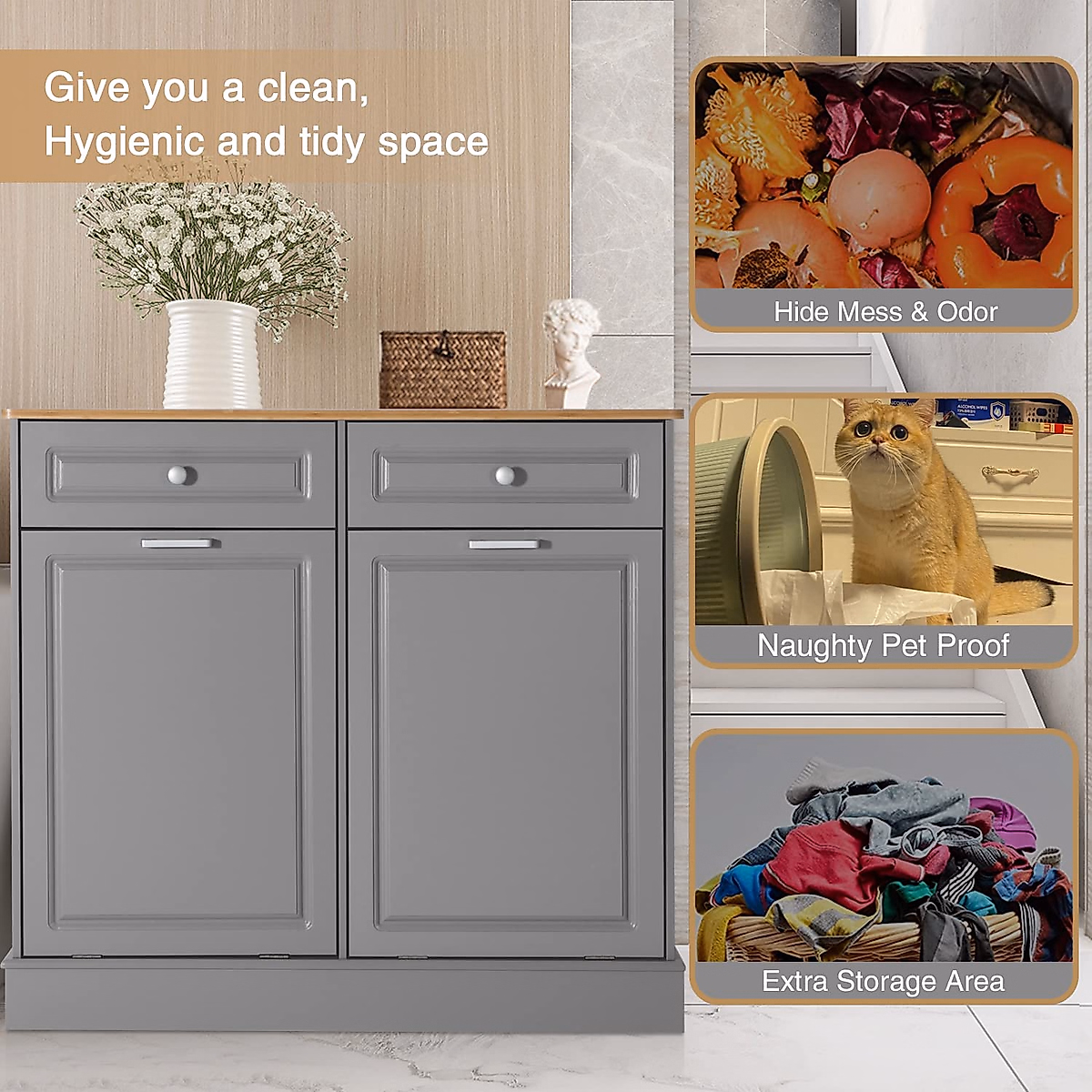Anbuy Double Kitchen Trash Cabinets Dual Tilt Out Trash Cabinet with Two Solid Wood Hideaway Trash Holder Drawers, Free Standing Recycling Cabinet Trash Can Holder (Dual Gray)
