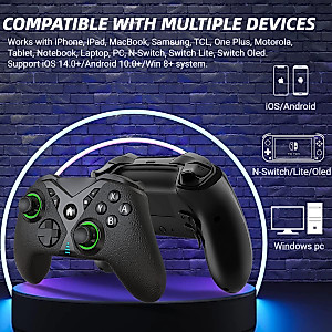 arVin Wireless Gaming Controller for iPhone/iOS/Android/PC/Steam/Switch Controllers Bluetooth Gamepad Joystick with 4 Back Button/Turbo/6-Axis Gyro/Dual Motors/RGB Light/Phone Holder/1200mAh Battery