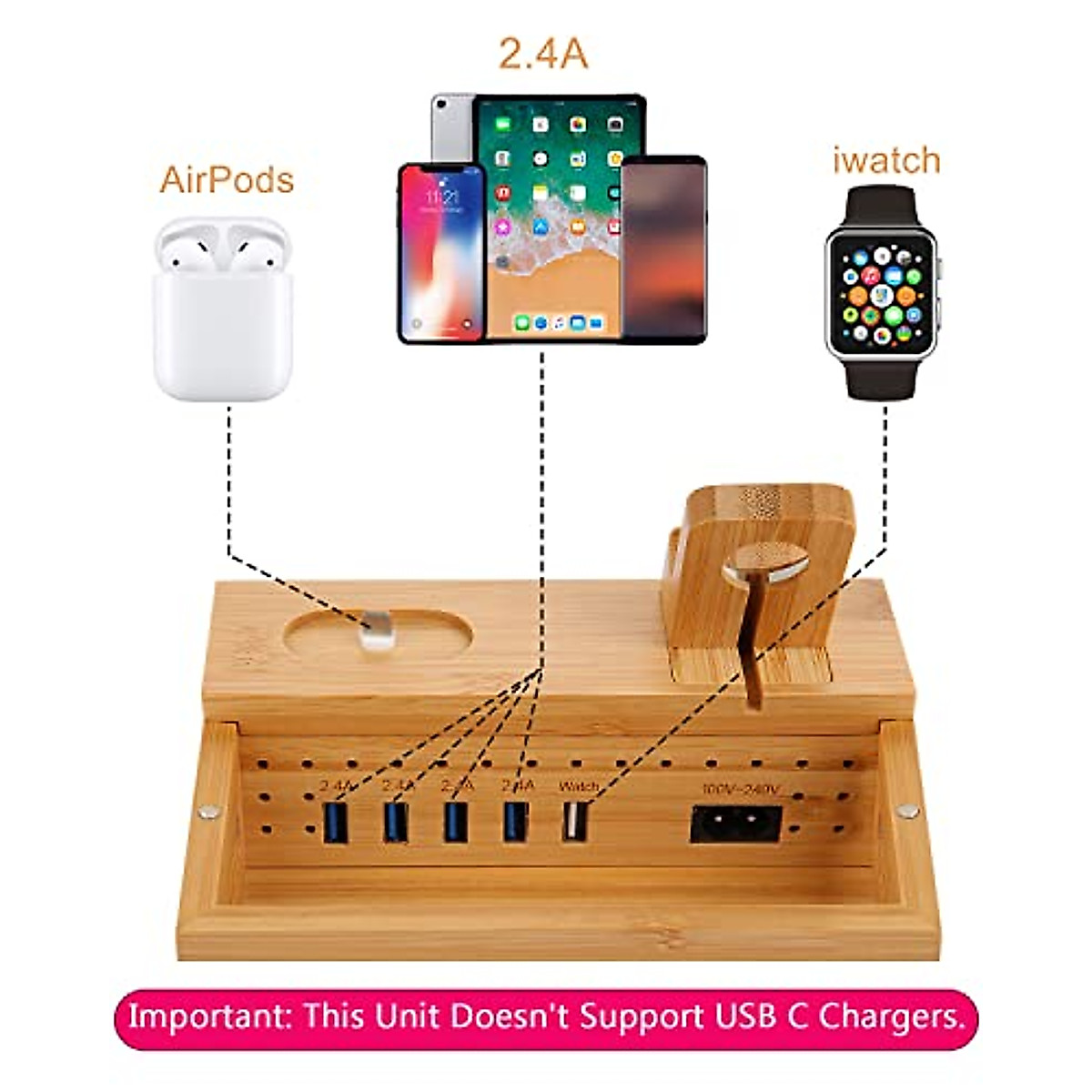 Bamboo Charging Station for Multi Device with 5 USB A Charger Port Sendowtek 6 in 1 Charging Stand for Phone Tablet Smart Watch Holder Earbud Dock Charger Organizer with Power Supply(no watch charger)