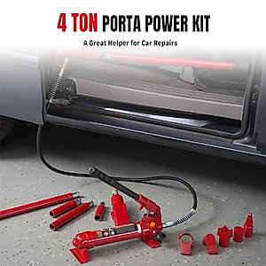 BIG RED 4 Ton Porta Power Kit, 17-Pcs Hydraulic Ram Auto Body Frame Repair Kit With Blow Mold Carrying Storage Case, 8000 Lbs Capacity,Red, T70401S Torin