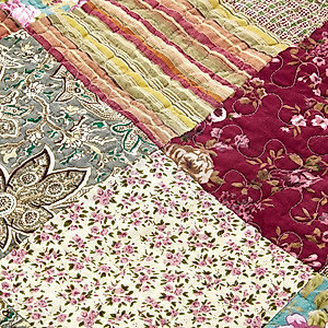 Tache Cotton Patchwork Quilt Blanket Country Farm Cottage Vintage Antique Ditsy Floral Paisley Burgundy Beige Lightweight Coverlet Fairy Tale Tea Party Quilted Throw Blanket, 50x60